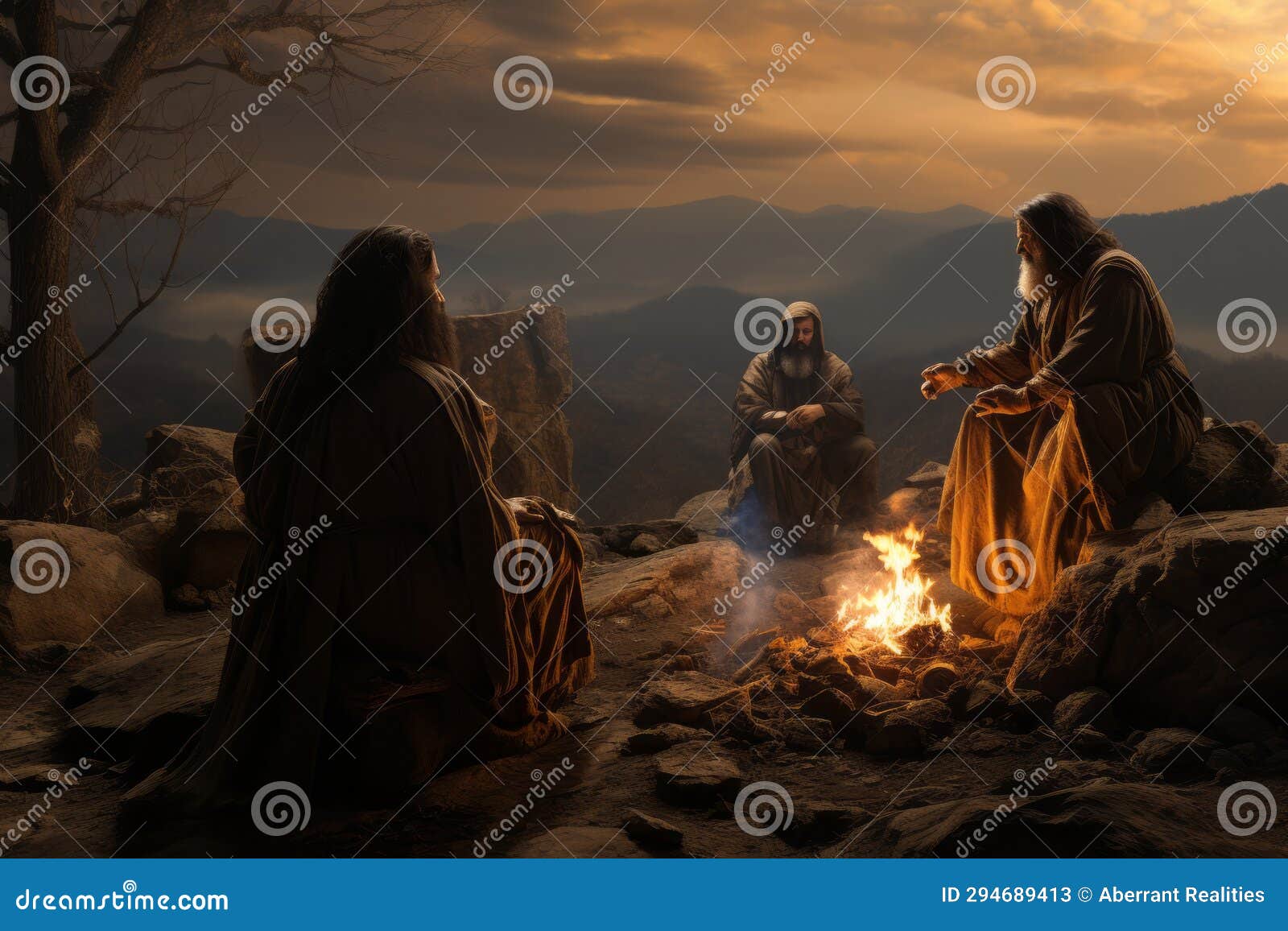 Three Men Sitting Around a Campfire with Mountains in the Background ...