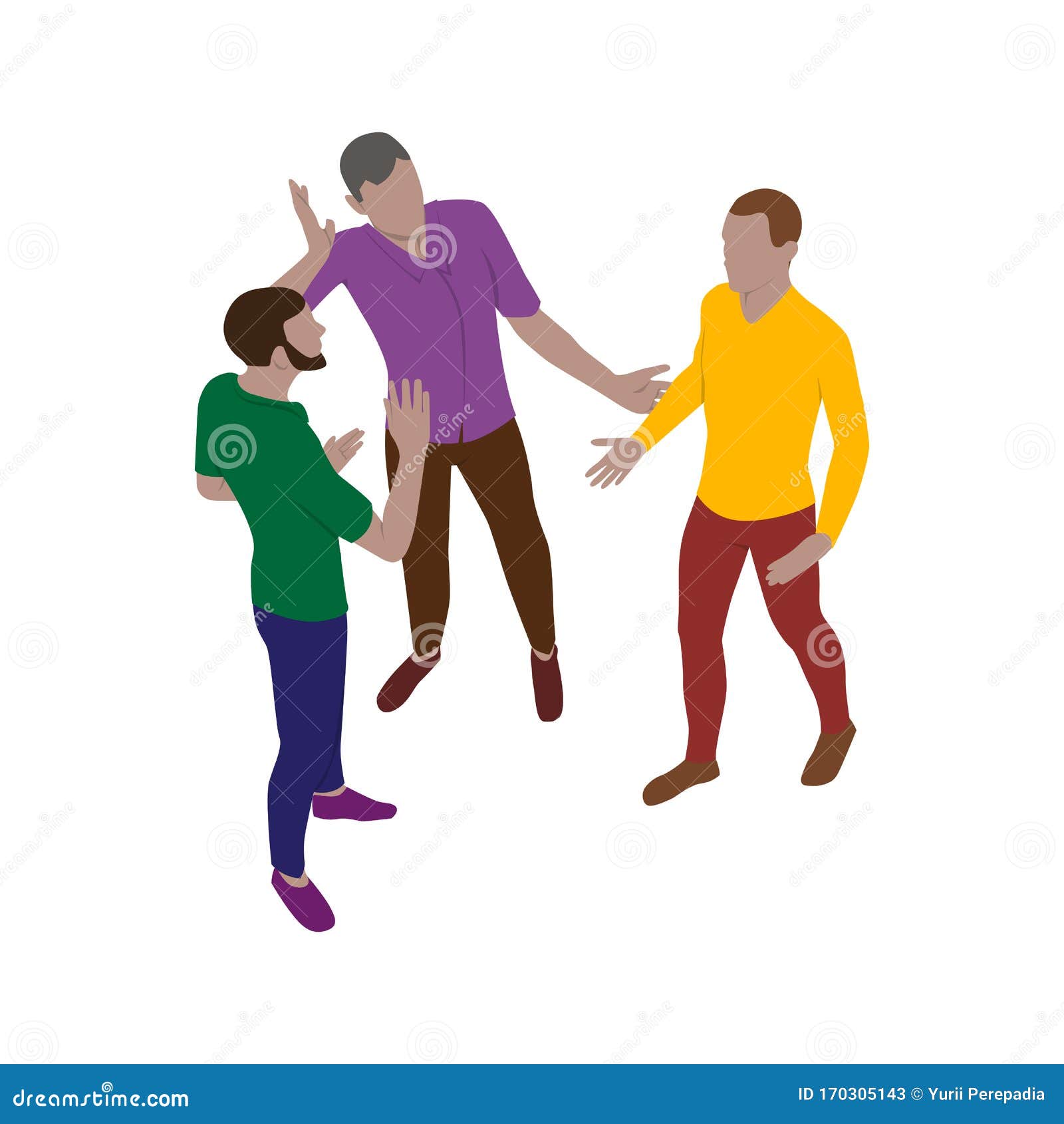 Three Men Talk Emotionally While Standing Scene Of People In Isometric