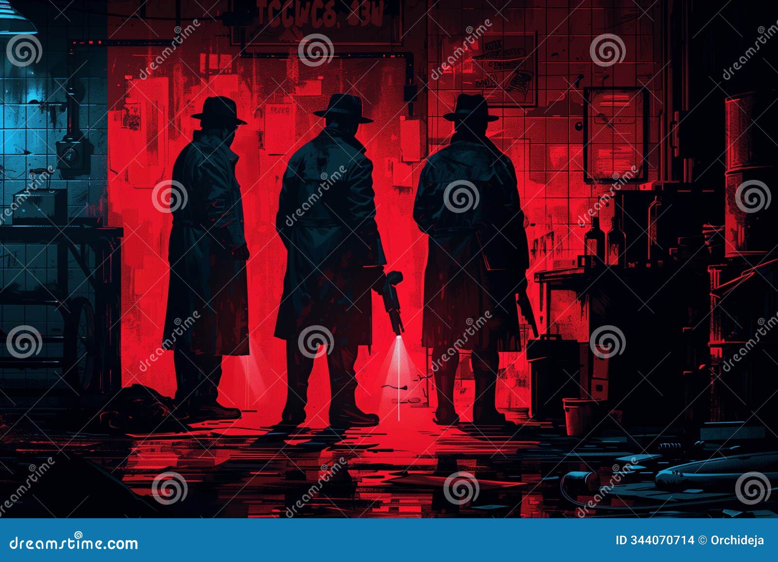 Three Men in Trench Coats Standing in Front of a Red Light Stock Photo ...