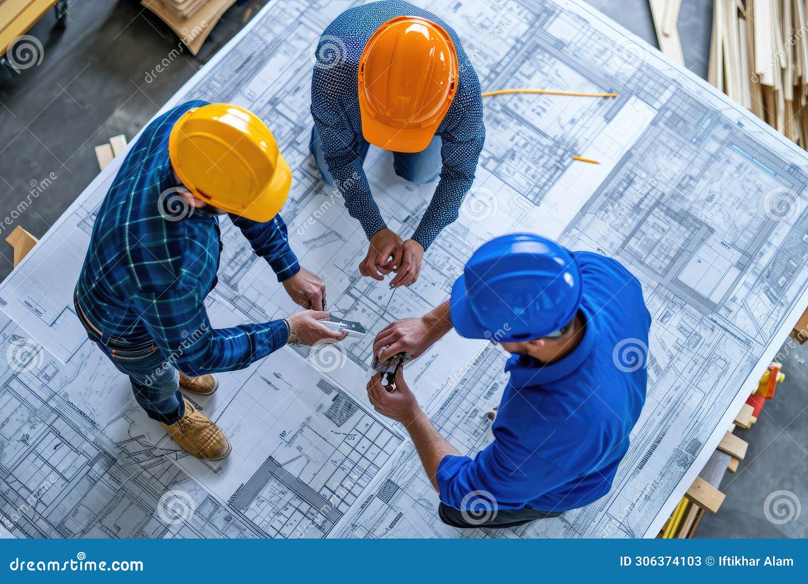Three Men, Wearing Hard Hats and Holding Blueprints, Collaborate on a ...