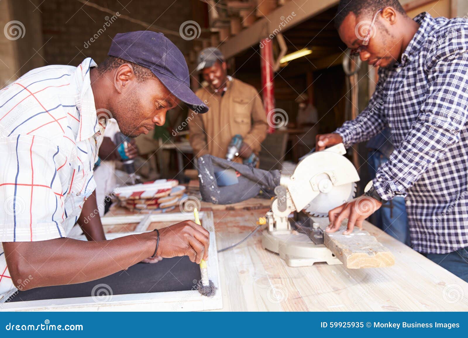 Three Men at Work in a Carpentry Workshop, South Africa Stock Image ...