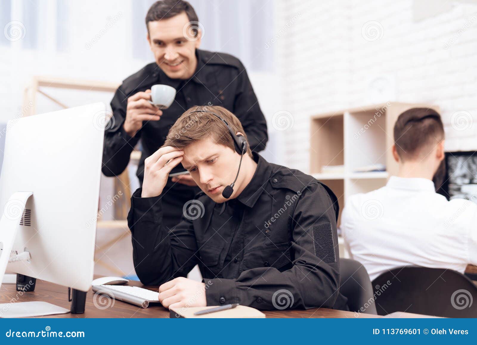 Three Men Work in the Security Room. Stock Image - Image of protection ...