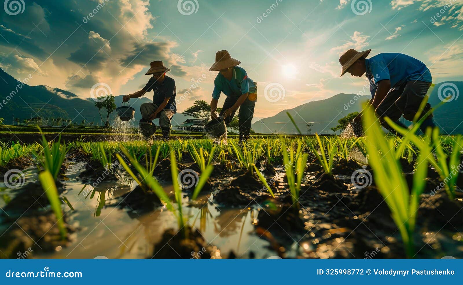 Three Men Working in a Rice Field Stock Photo - Image of agriculture ...
