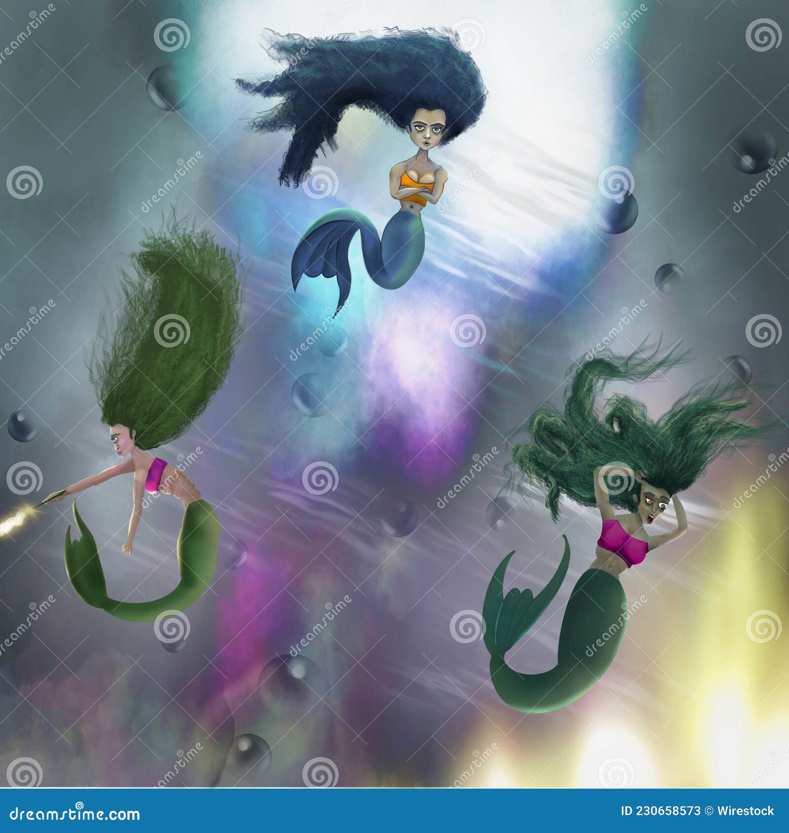 Three Mermaids in a Colorful Ocean Stock Illustration - Illustration of ...