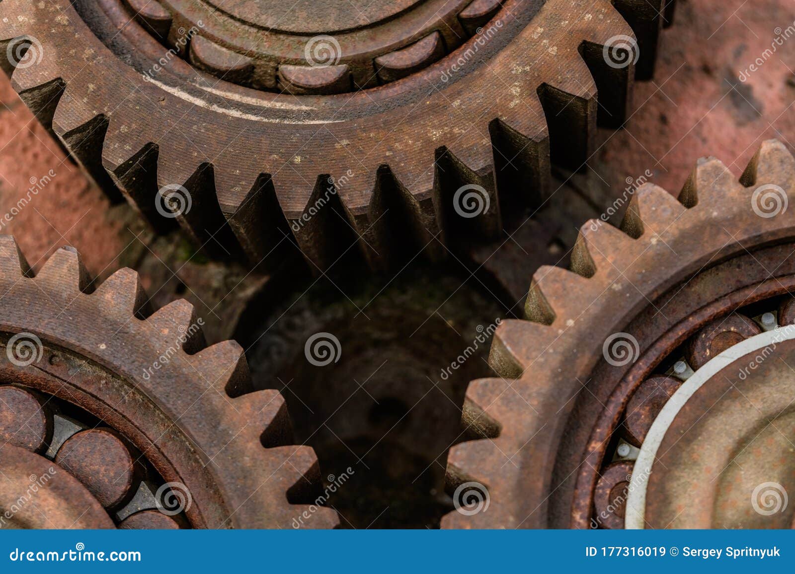 Three Meshing Gears on the Machine. Old Rusty Industrial Mechanism ...