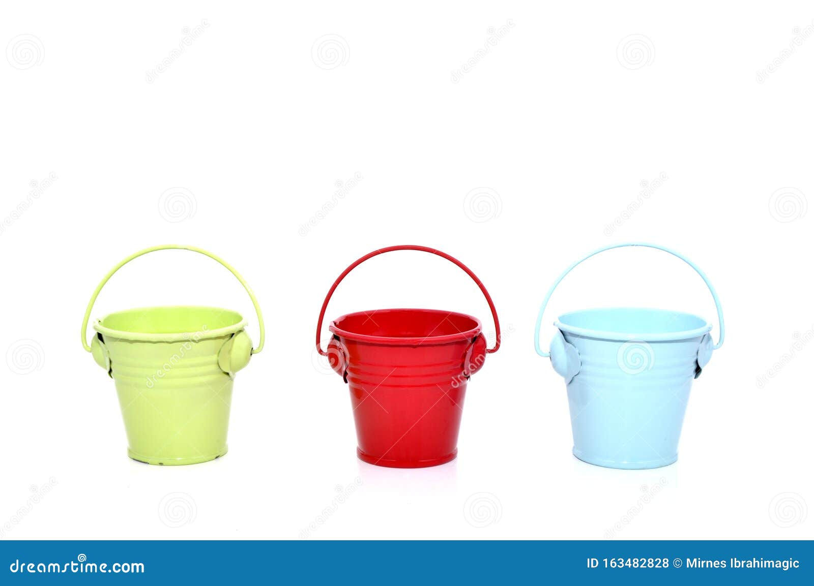 Three Metal Buckets of Different Colours with Handle Stock Photo ... Three Metal Buckets of Different Colours with Handle Stock Photo ...