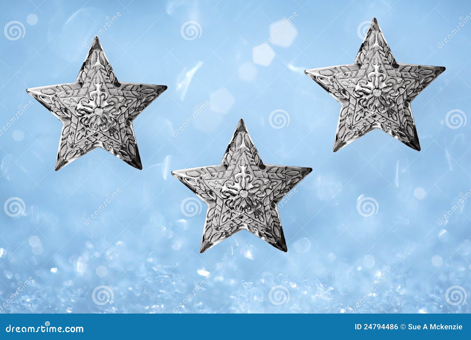 Three Metal Silver Star Christmas Ornaments Blue Stock Photo - Image of ...