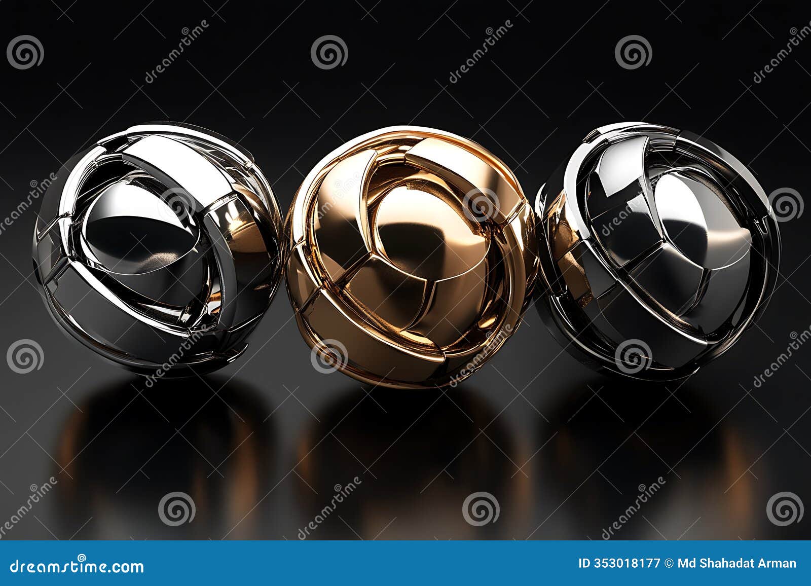 Three Metallic Spheres in Gold, Silver and Black Stock Illustration ...