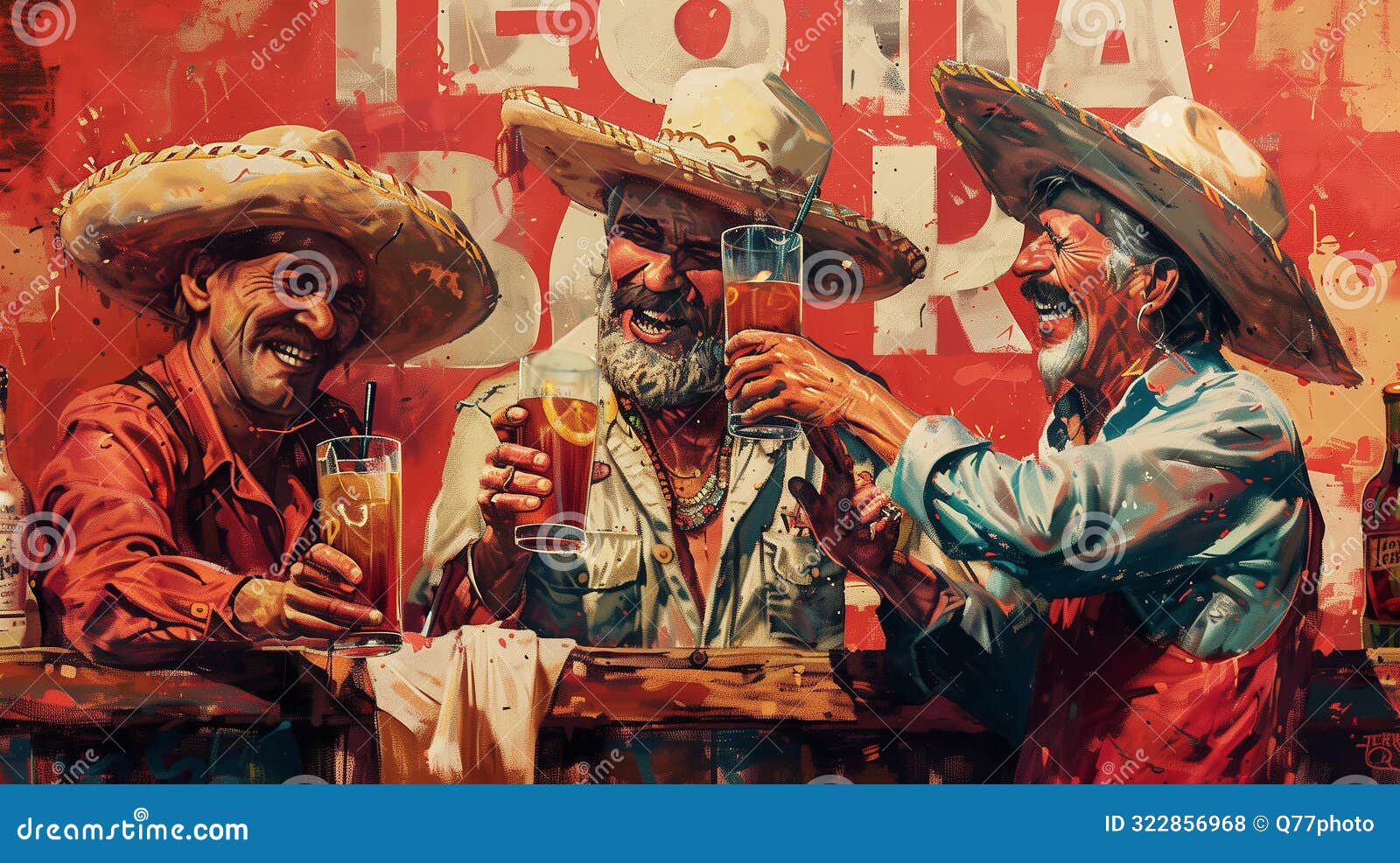 Three Mexican Men are Sitting at a Bar, Drinking and Laughing Stock ...