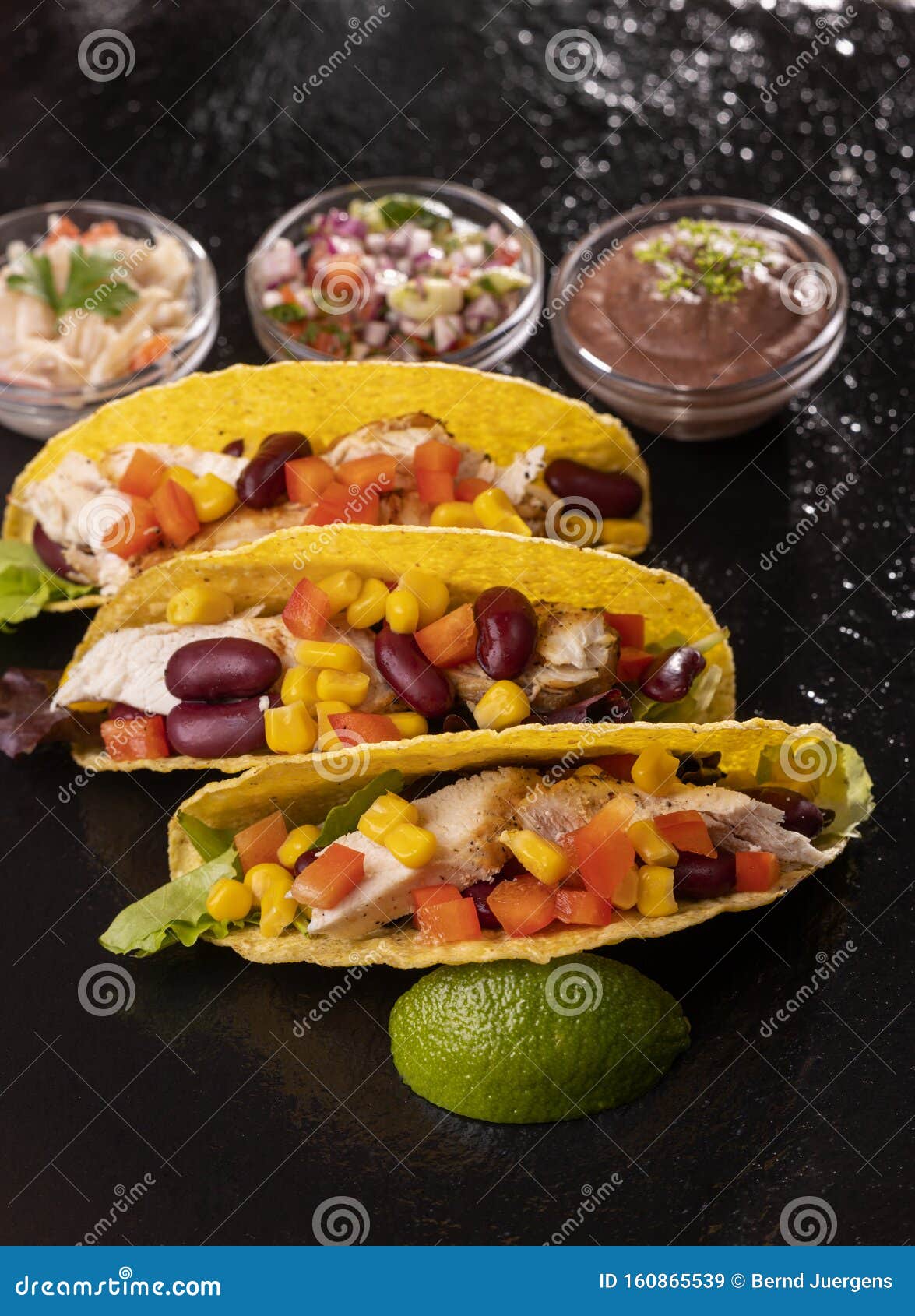Three mexican tacos stock image. Image of street, mexican - 160865539