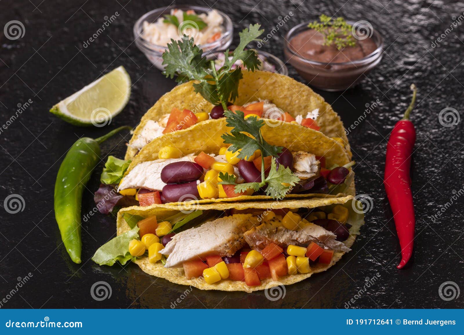 Three mexican tacos stock image. Image of cole, coleslaw - 191712641