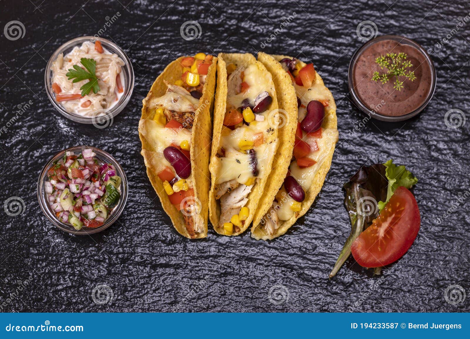 Three mexican tacos stock image. Image of dish, salsa - 194233587