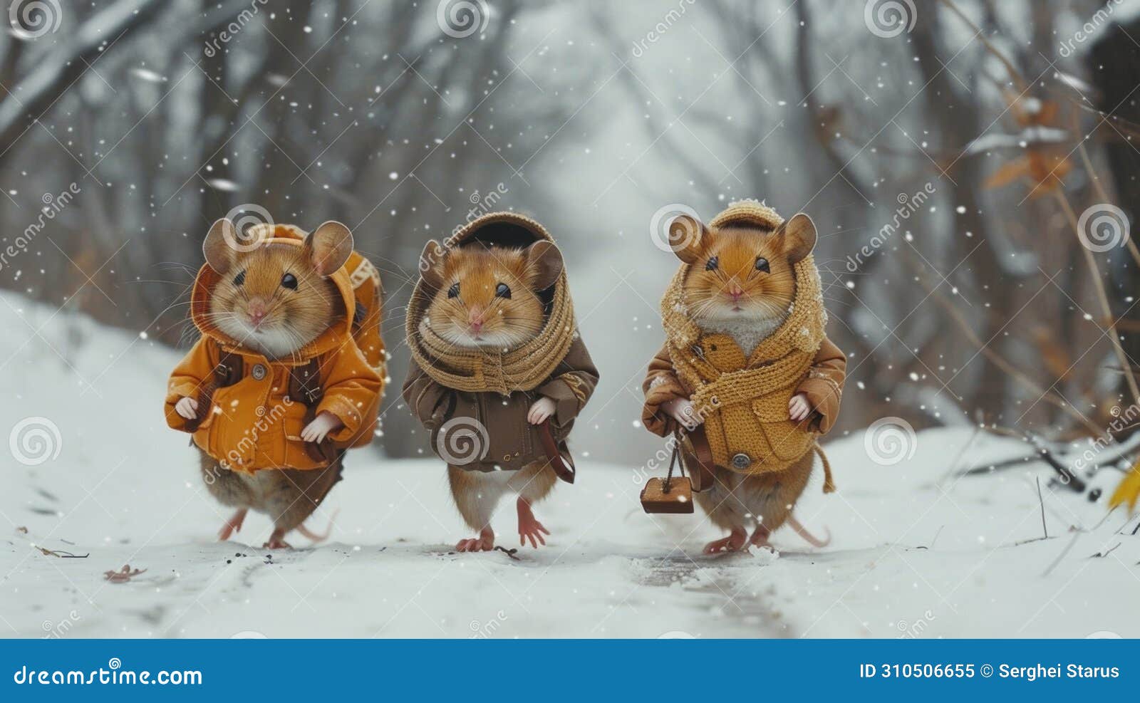 Three Mice Dressed in Coats and Hats Walking through the Snow, AI Stock ...