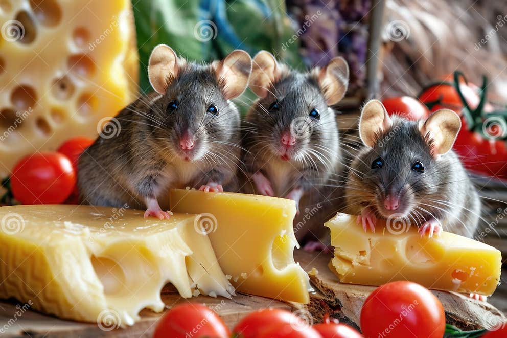 Three Mice Exploring and Eating Cheese, Surrounded by Tomatoes. Stock ...