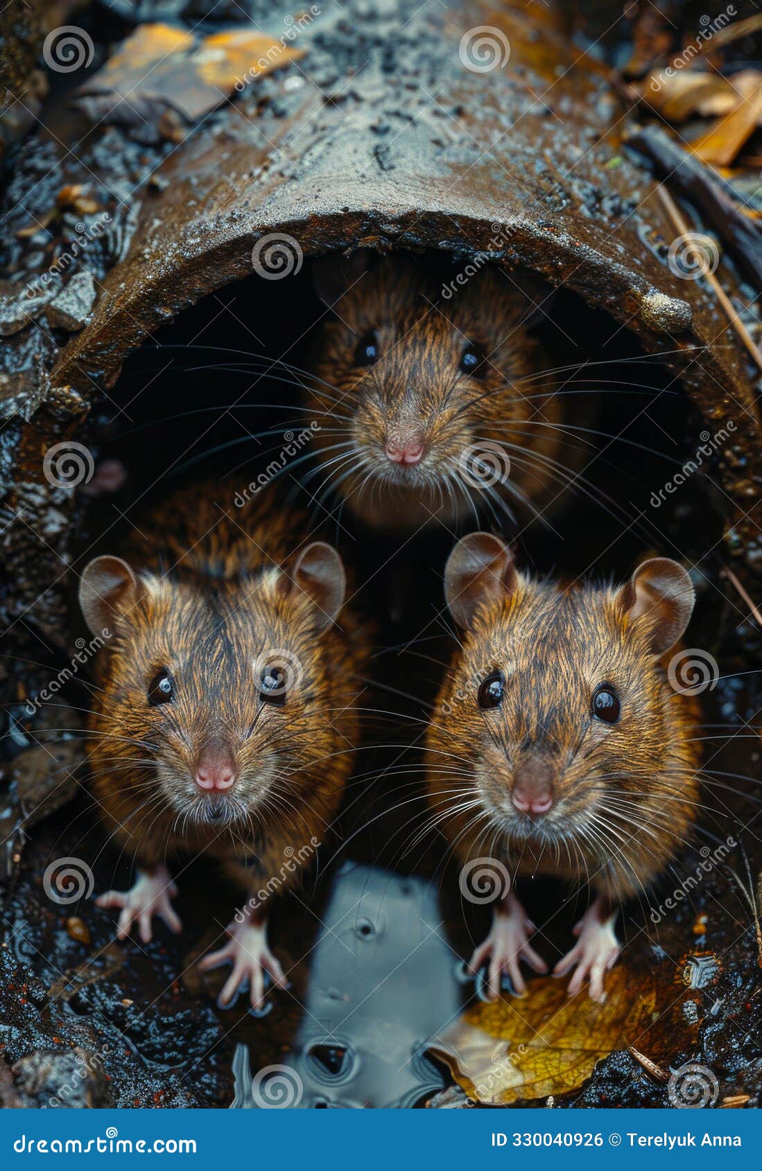 Three Mice are Standing in a Hole in the Ground Stock Photo - Image of ...