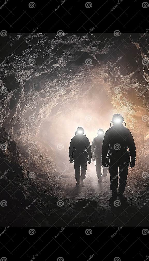 Three Miners Exploring a Deep, Dark Underground Cave, Teamwork and ...