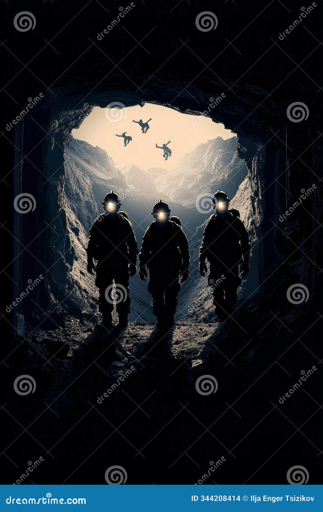 Three Miners with Headlamps Entering Underground Coal Mine, Teamwork in ...