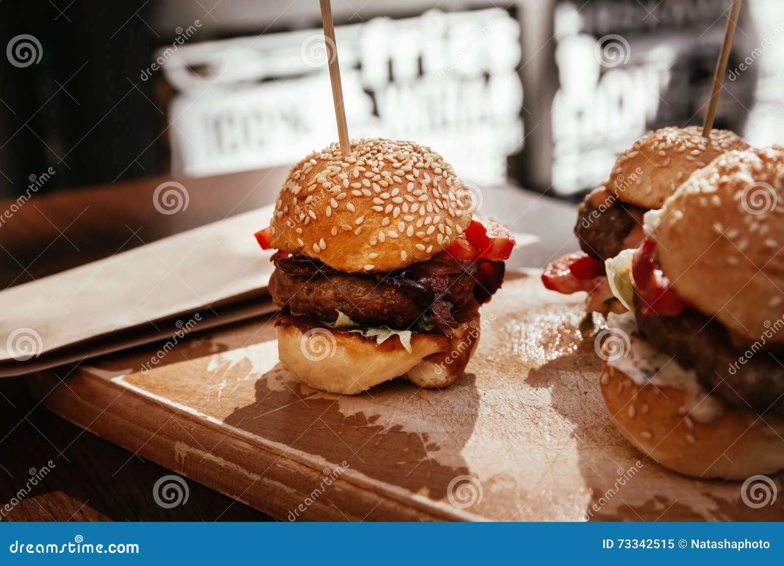 Three Mini Burgers Sliders stock image. Image of tomato - 73342515