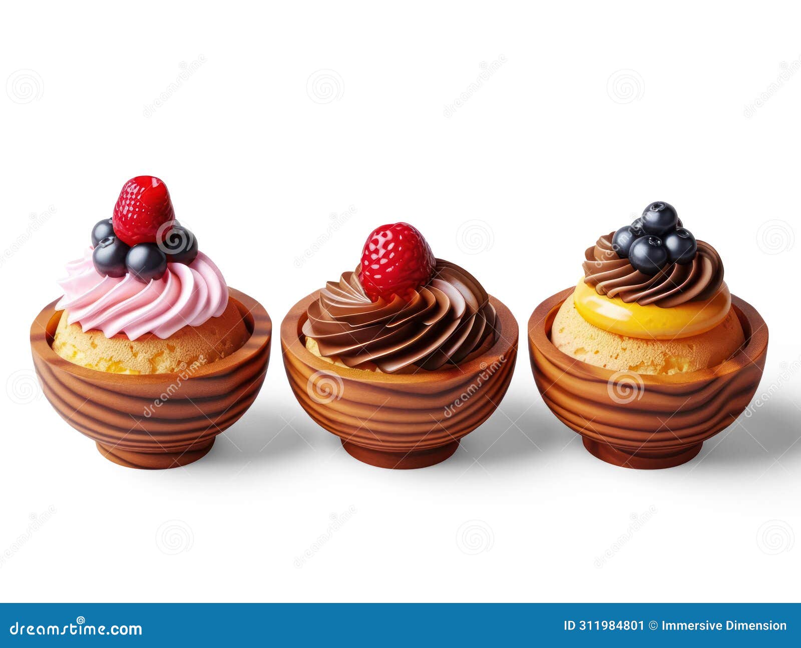 Three Mini Cakes in Snack Bowls. Isolated Cakes on Transparent ...