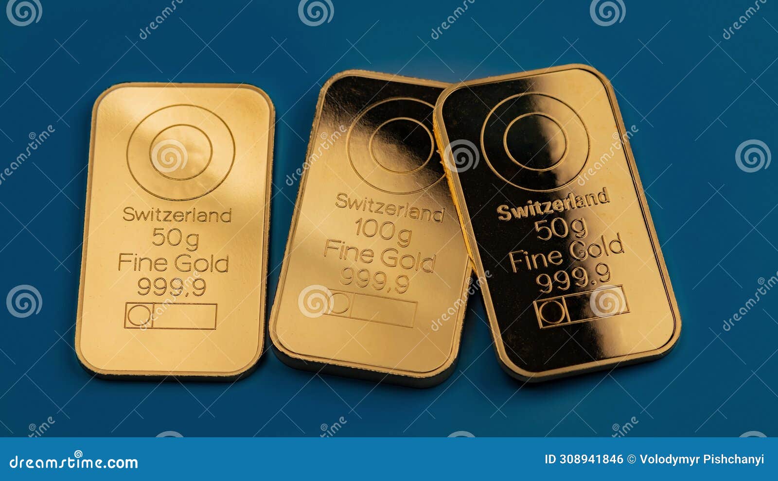 Three Minted Gold Bars on a Blue Background. Stock Photo - Image of ...