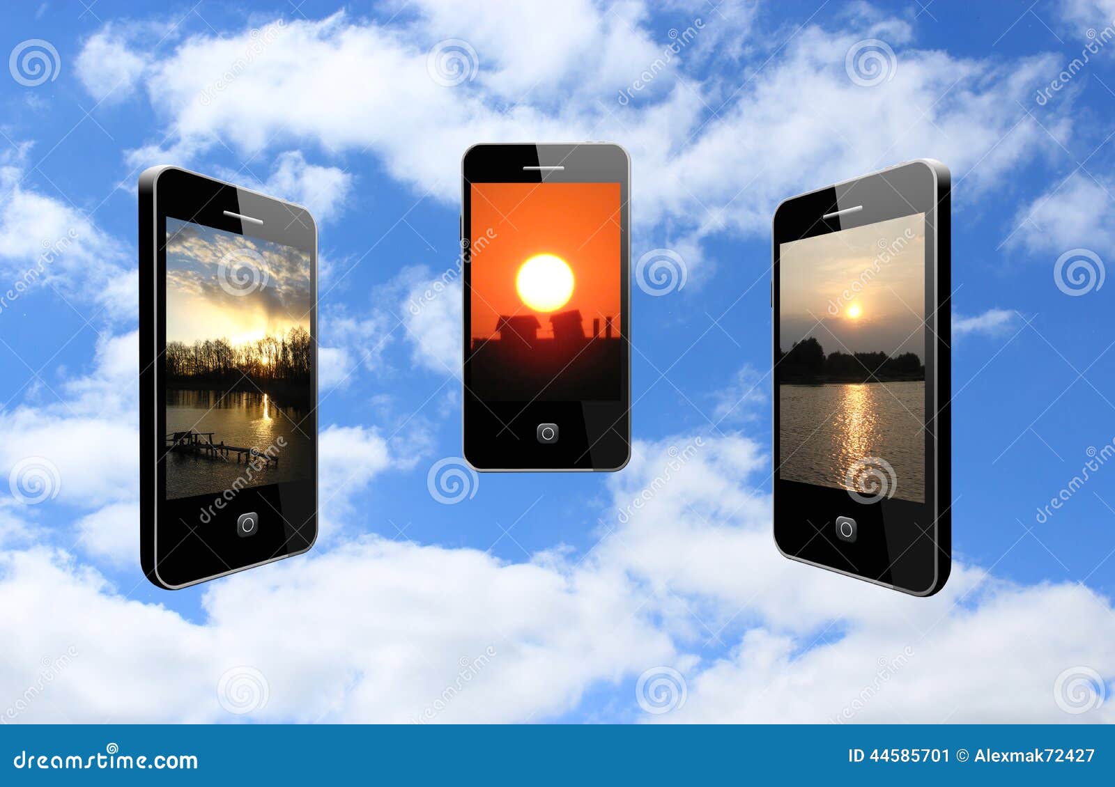 Three Mobile Phones with Different Sunsets Stock Image - Image of dark ...