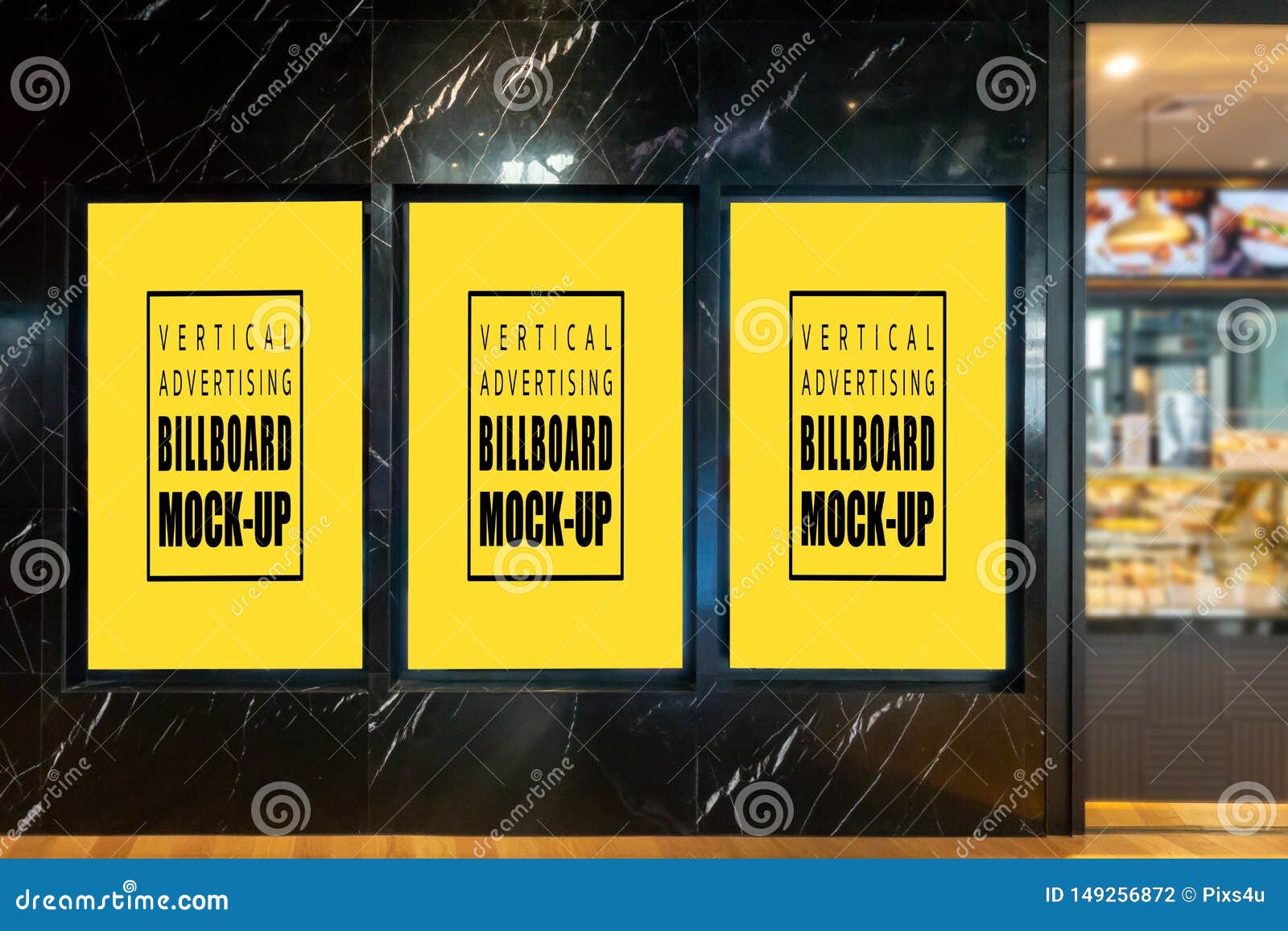 Three Mock Up Vertical Advertising Billboard at Bakery Shop Stock Photo ...