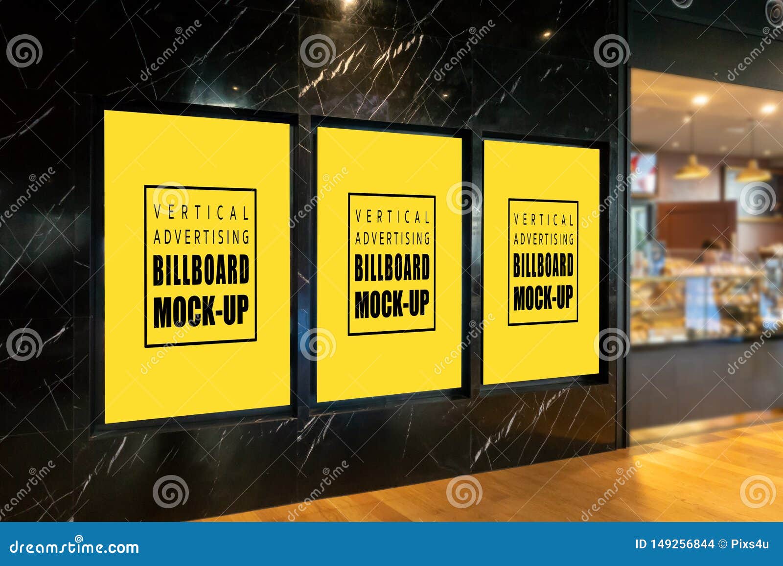 Three Mock Up Vertical Advertising Billboard at Bakery Shop Stock Photo ...