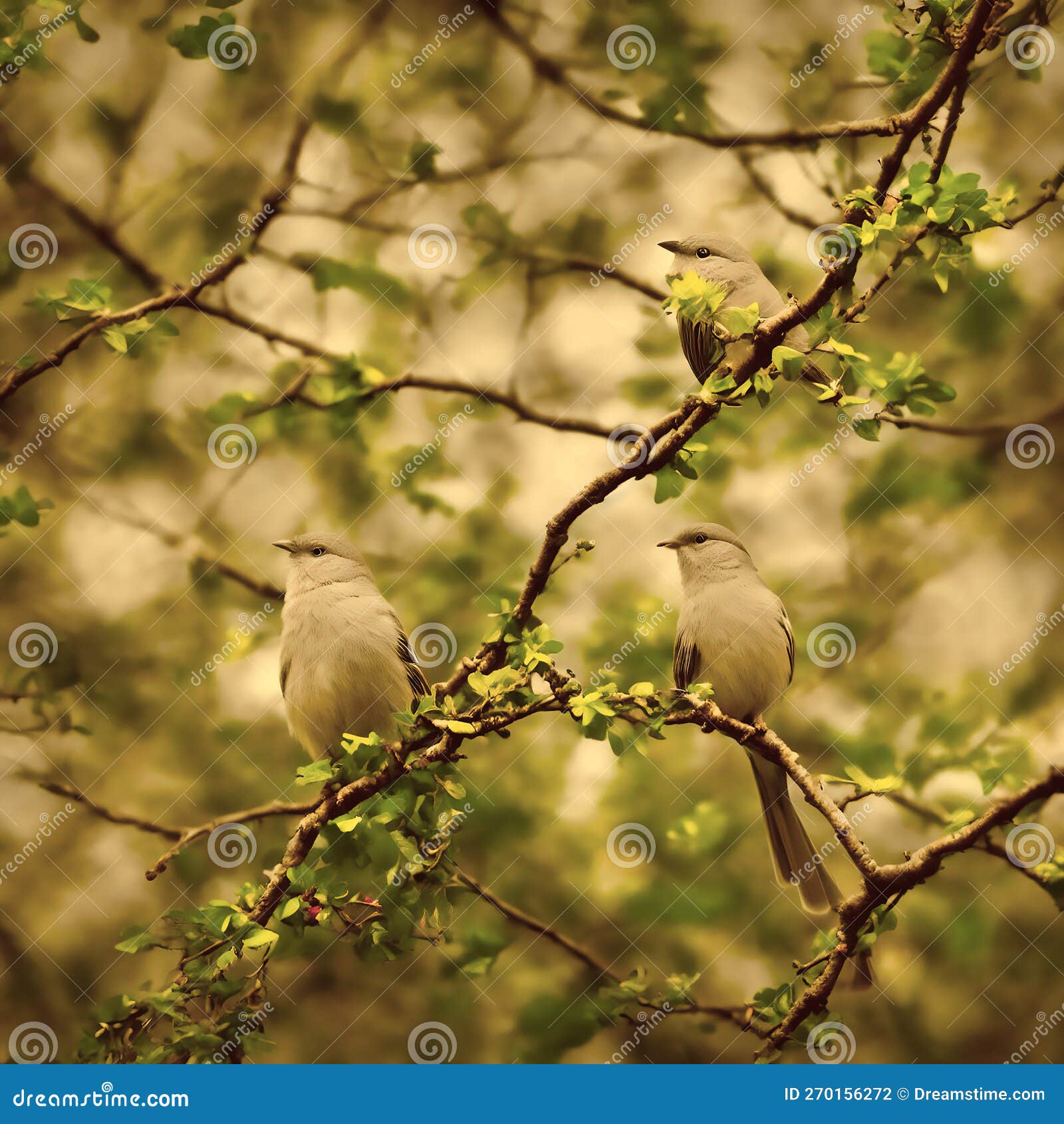Three Mockingbirds Perched on Branches, Green Background on Trees Stock ...
