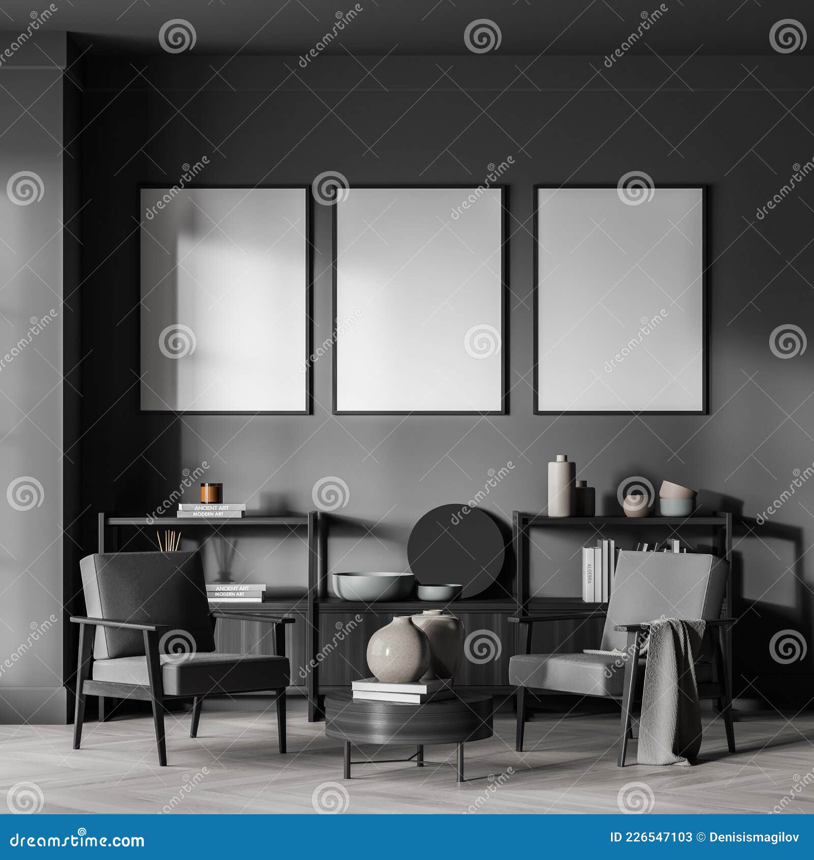 Three Banners in the Dark Grey Waiting Room with Shelf and Armchairs ...