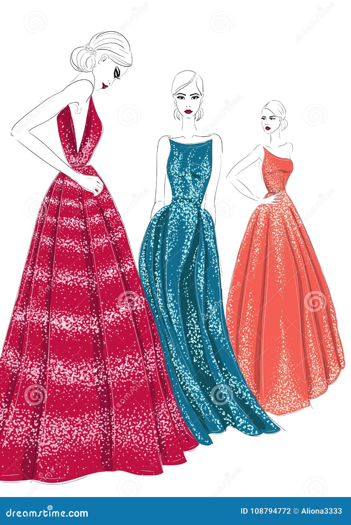 Three Models in Couture Dresses Stock Vector - Illustration of female ...
