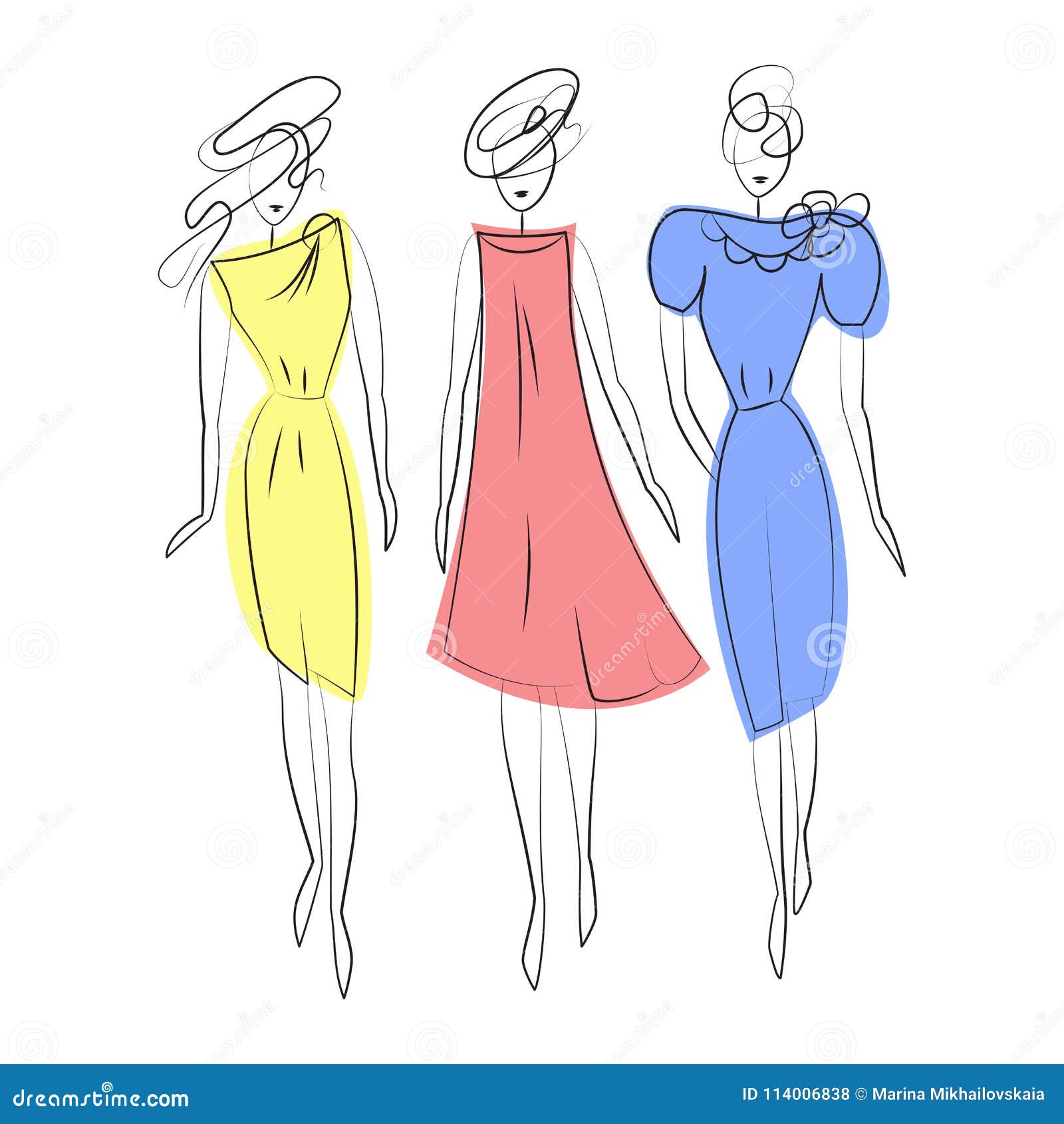 Three Models in Dresses. Sketch, Vector Illustration. Stock Vector ...