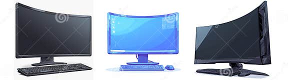Three Modern Curved Computer Monitors Side by Side, Displaying a ...