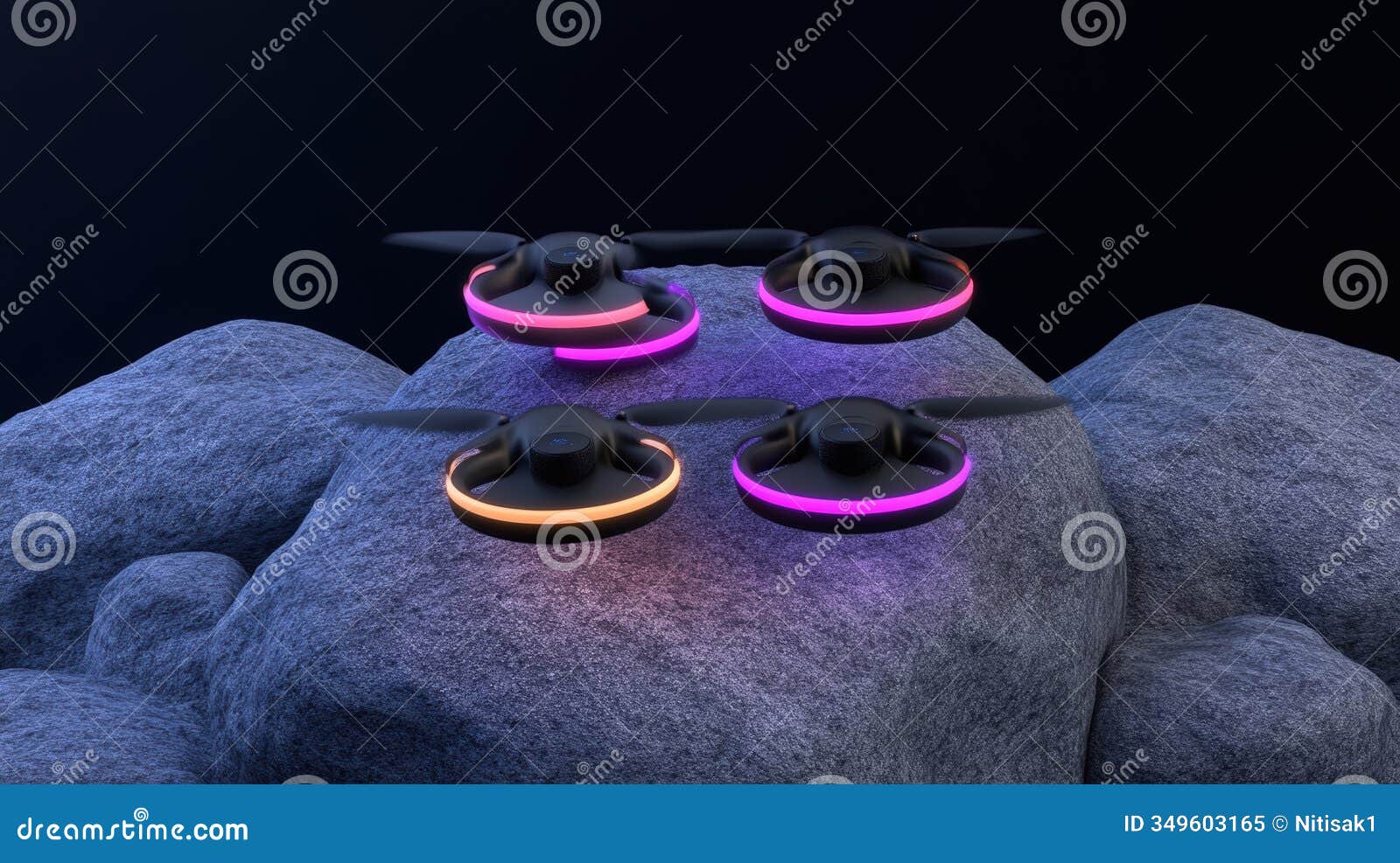 Three Modern Drones with Colorful Lights on Rocky Surface Dark ...
