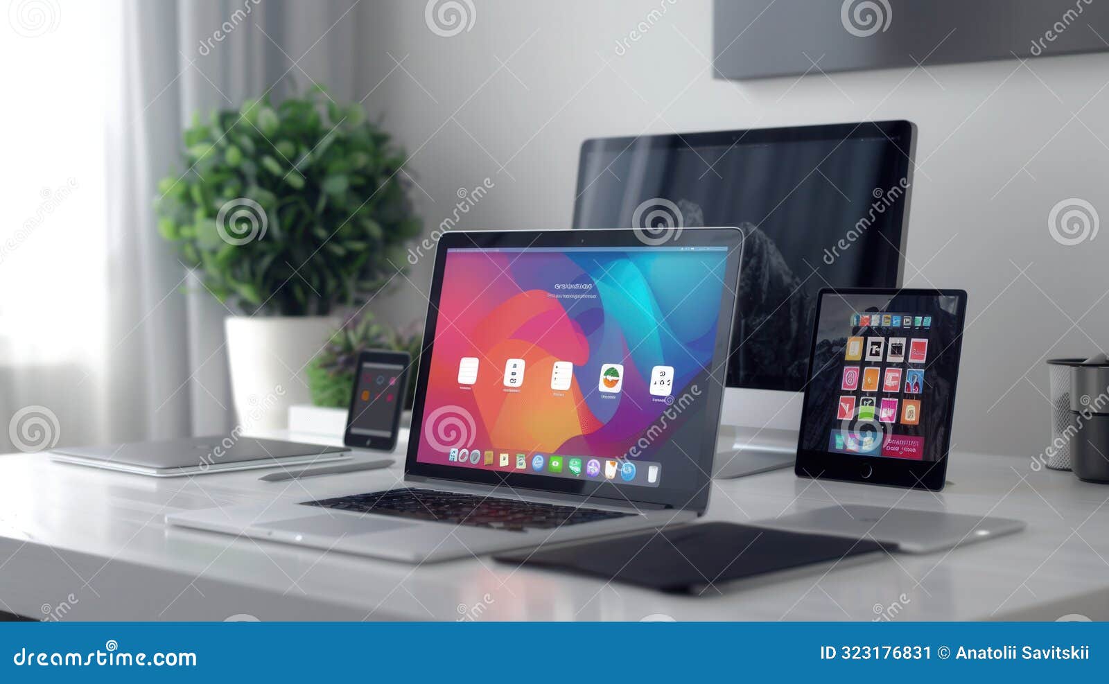Three Modern Electronic Devices are Displayed on a Clean, White Desk ...