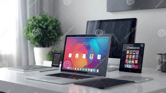 Three Modern Electronic Devices are Displayed on a Clean, White Desk ...