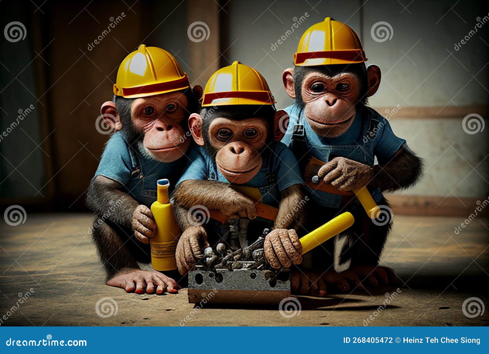 Three Monkeys in Construction Attire. Generative AI Stock Illustration ...