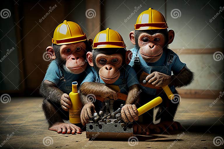 Three Monkeys in Construction Attire. Generative AI Stock Illustration ...
