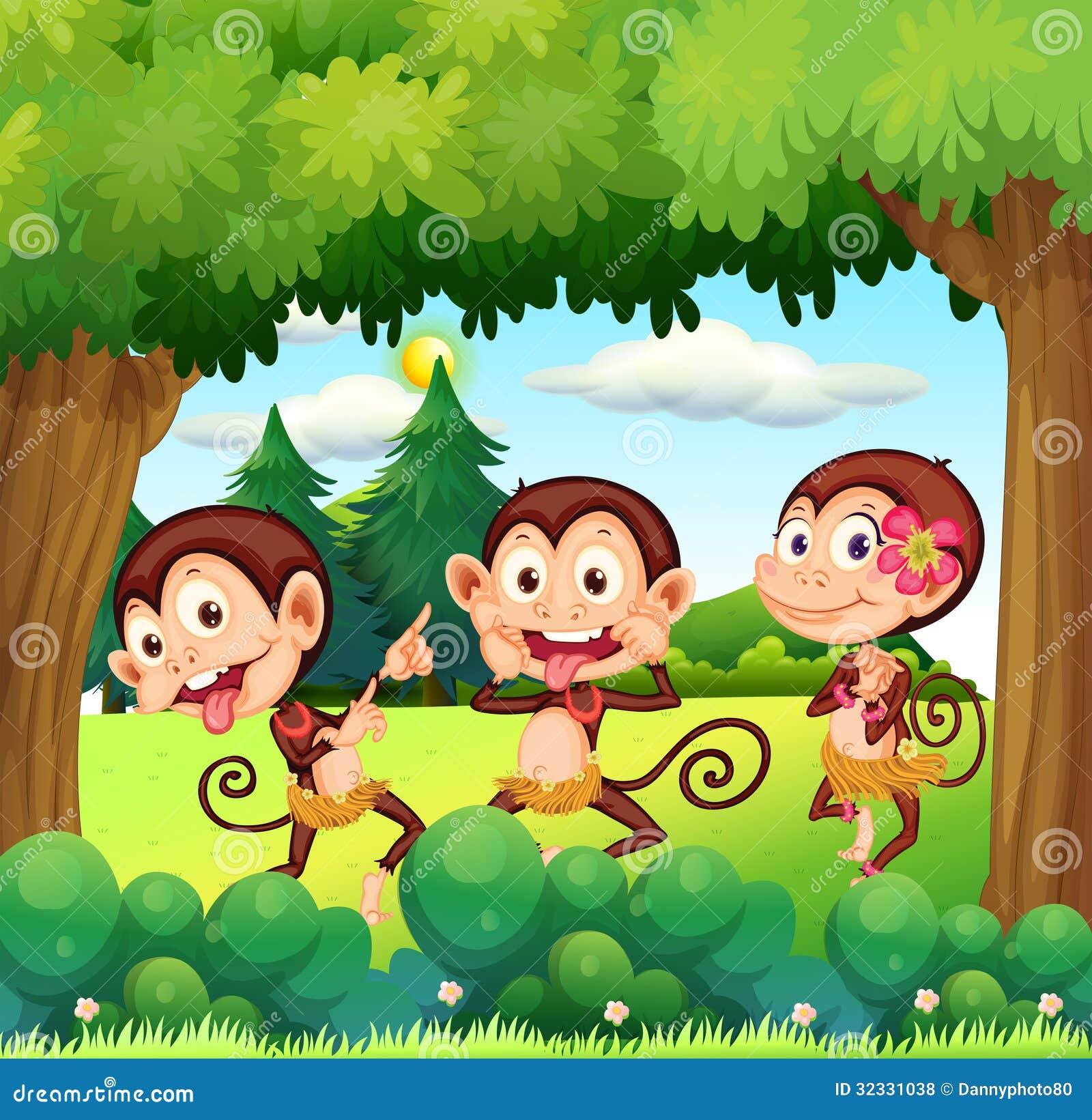 Three Monkeys Dancing at the Forest Stock Vector - Illustration of ...