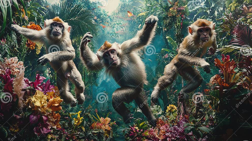 Three Monkeys Dancing in a Tropical Jungle Setting Stock Image - Image ...
