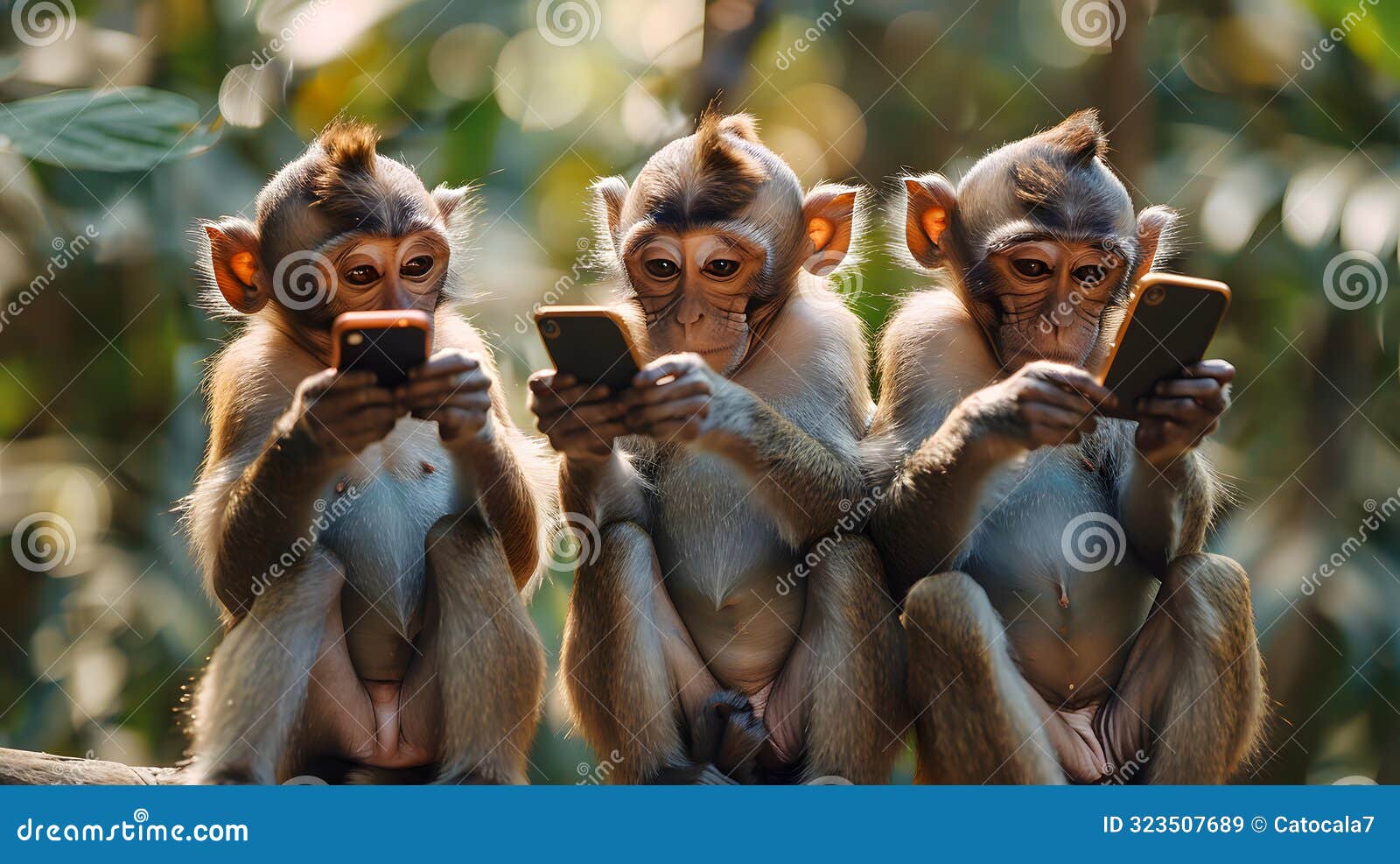 Three Monkeys Sitting Next To Each Other and Looking at Smartphones, a ...