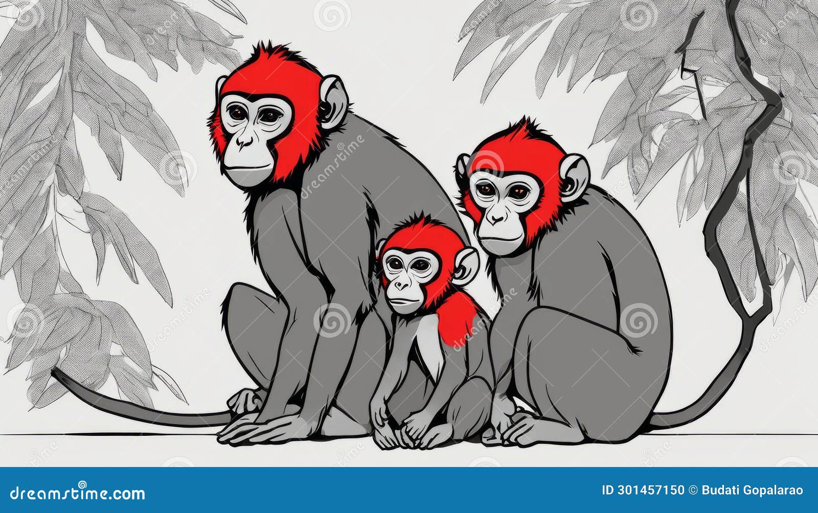 Three Monkeys Sitting Together in a Tree Stock Illustration ...