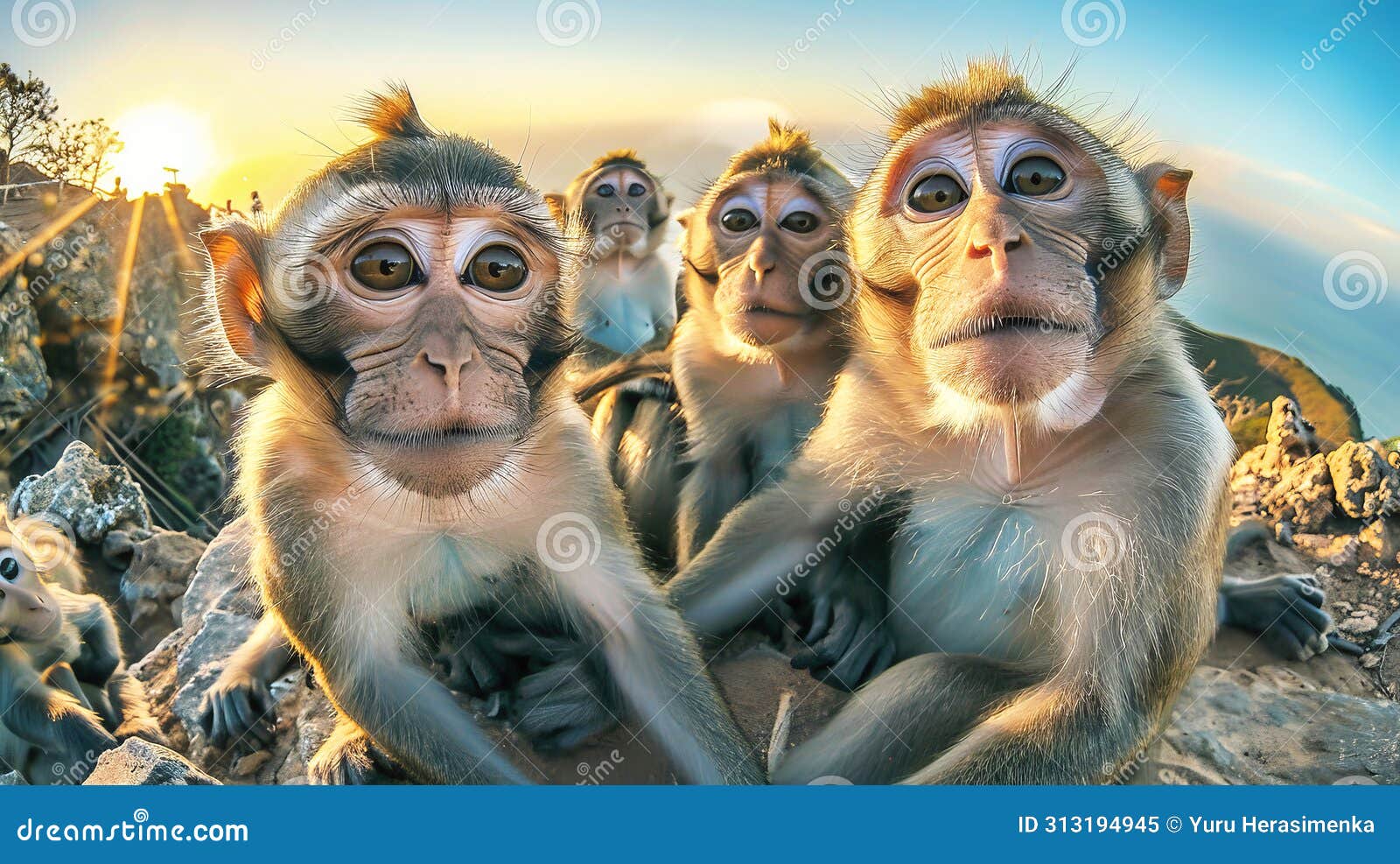 Three Monkeys Standing Side by Side with Their Mouths Open in a Gesture ...