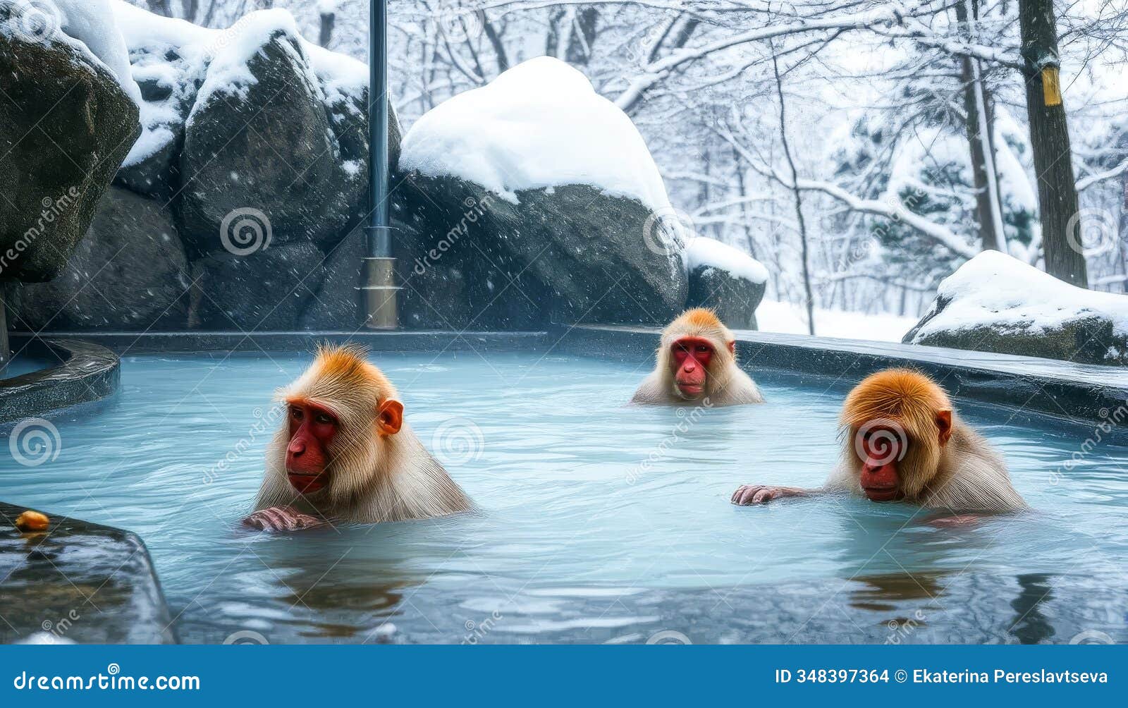 Three Monkeys are Swimming in a Pool Stock Photo - Image of outdoors ...