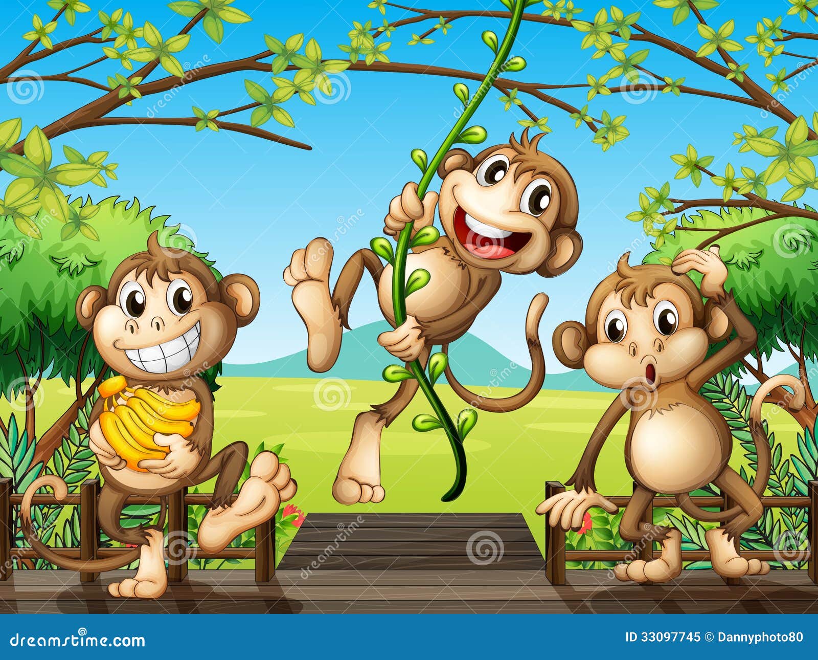 Three Monkeys at the Wooden Bridge Stock Vector - Illustration of blue ...