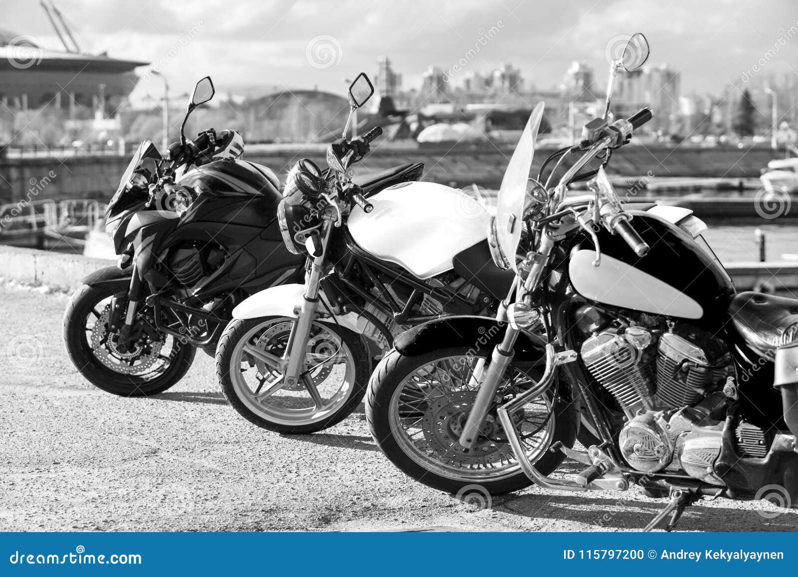 Three Motorcycles Standing in Line, Black and White Image Editorial ...