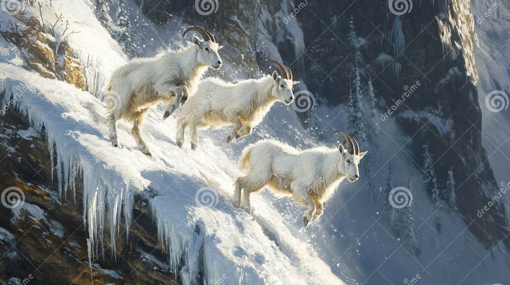 Three Mountain Goats Leap Down a Snowy Cliffside Stock Illustration ...