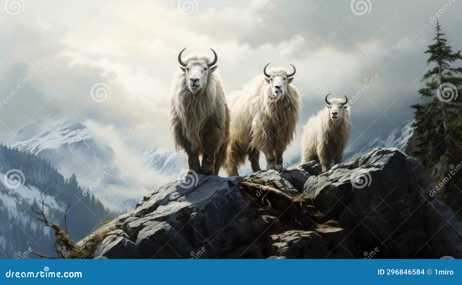 Three Mountain Goats Standing on Peak with Mountains Behind, AI ...