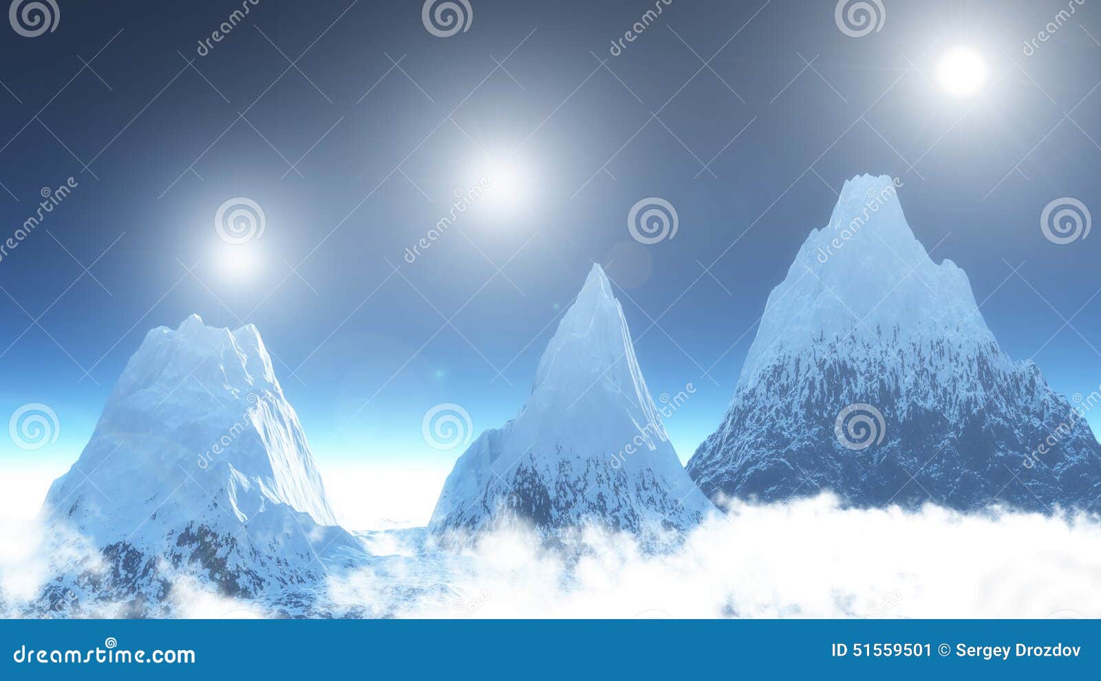Three Mountains and Three Sun Stock Illustration - Illustration of ...
