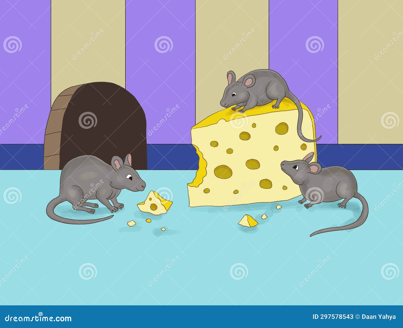 Three Mouse Eat Cheese at Floor Illustration Stock Illustration ...
