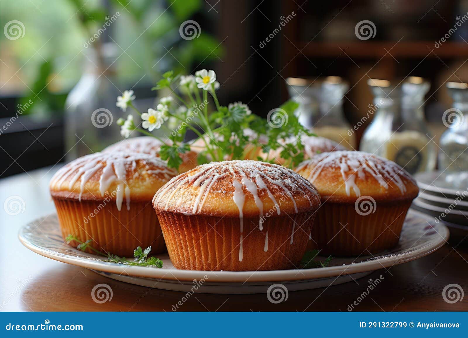 Three Muffins on a Plate on a Table. Brown Butter Flavor. Stock ...